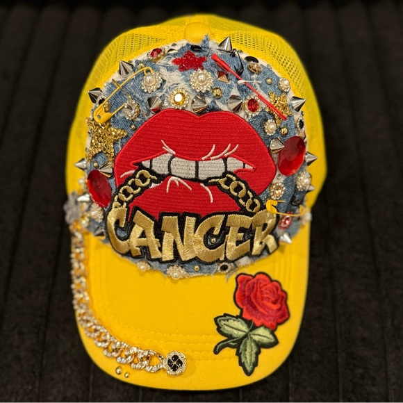 Accessories | Yellow Embellished Cap With Red And Gold Accents | Poshmark